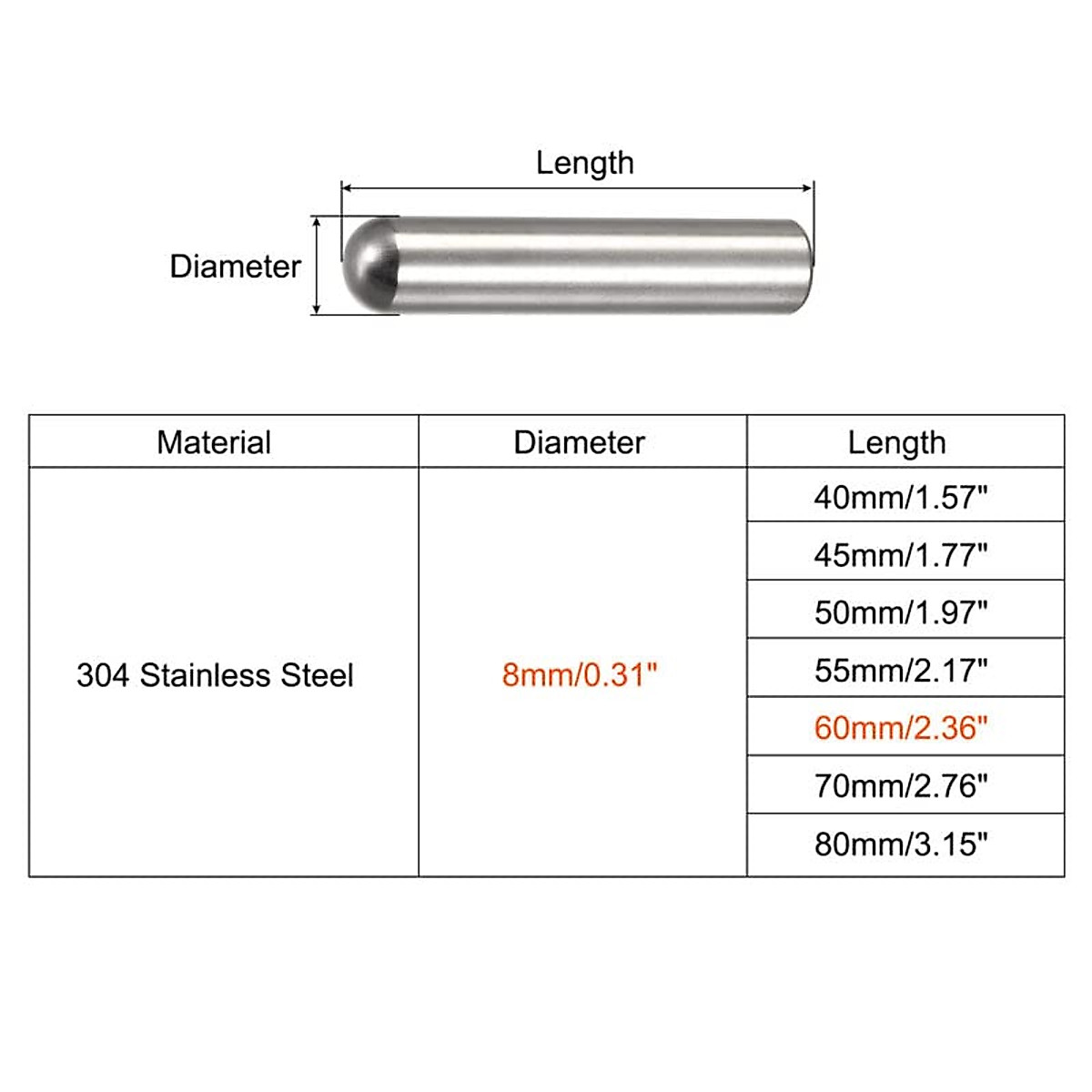 Tool parts 8x60mm Dowel Pins - 2pcs Round Head Flat Chamfered End Dowel Pin