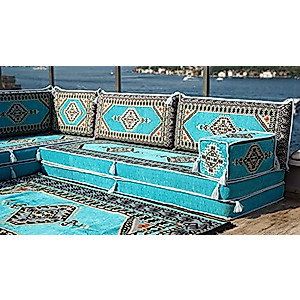 Turquoise Arabic Floor Sofa Set, Floor Cushions, Balcony Patio Sofas, Terrace Sofa, Ethnic Sofa, Moroccan Sofas, Sectional Sofas, Hookah Sofas (L Sofa + Rug)