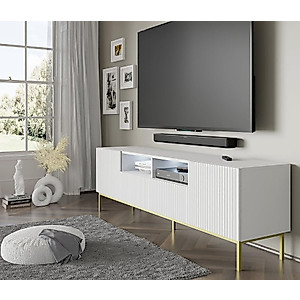 Homlando Ravenna B TV Stand 79" – Lowboard TV Cabinet – Gaming Center for TVs Up to 85” – LED TV Unit - TV Entertainment – Center with Storage for Living Room – White Matte with Gold Legs