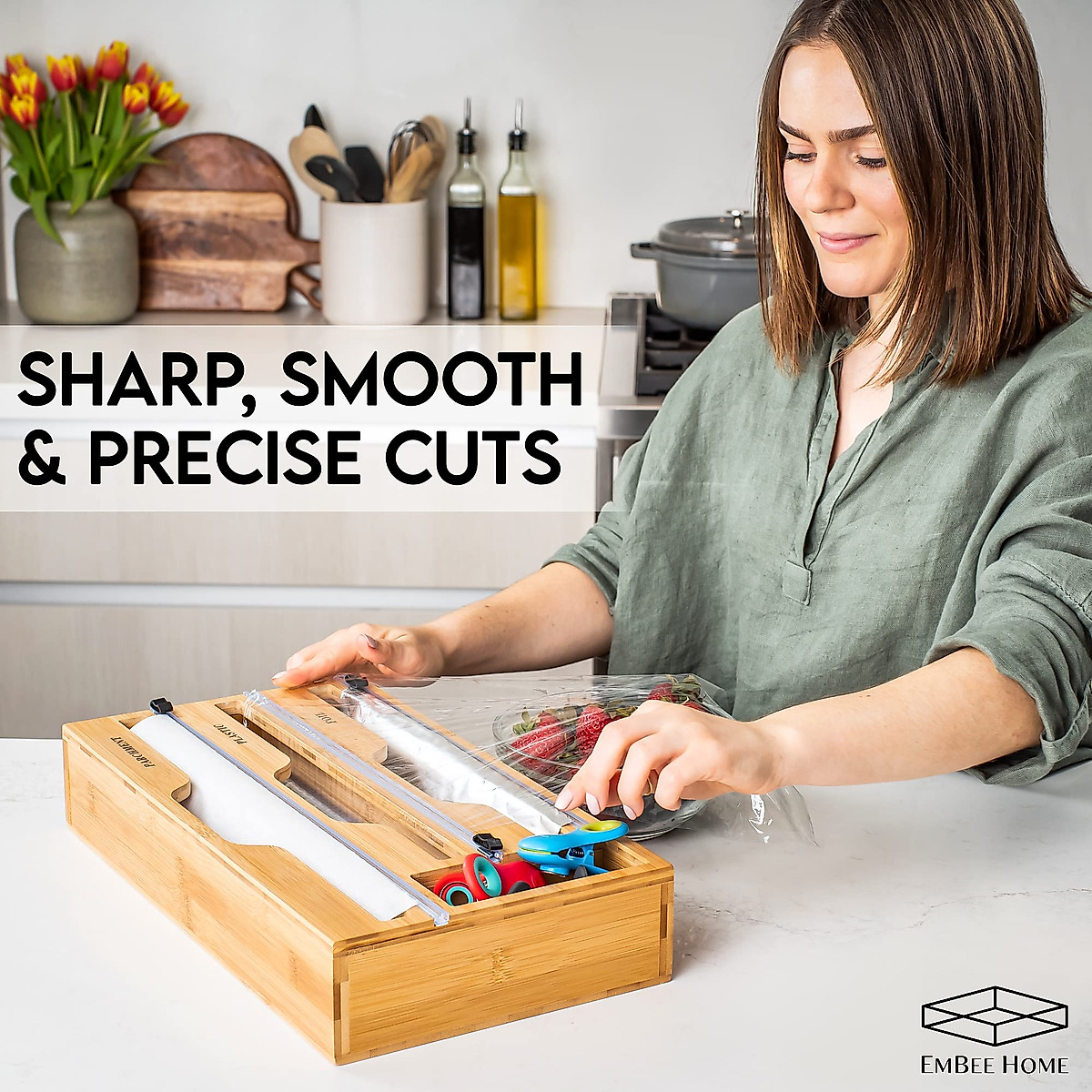 EmBee Home 4-in-1 Bamboo Wrap Organizer Dispenser with Storage for Kitchen Drawer - Compatible with Aluminum Foil, Plastic, and Paper Rolls "12 and "15 Rolls - Slider and Labels Included