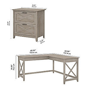 Bush Furniture Key West 60W L Shaped Desk with 2 Drawer Lateral File Cabinet in Washed Gray
