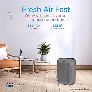 Lago Air Purifier for Home with True HEPA Odor-Reducing Carbon 3-Stage Filters Up to 322 sq ft - Silent, Multiple Purification Speeds - Reduces Pet Dander, Pollen, Smoke, Dust (Gray)