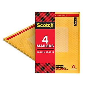 Scotch Plastic Bubble Mailer, 10.5 in x 15.25 in, Size #5, Yellow, 4/Pack (8915-4)