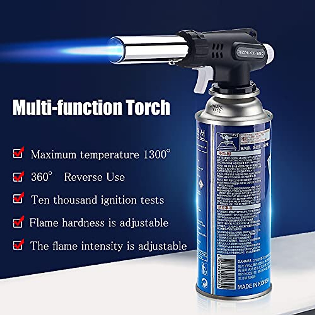 Butane Torch Kitchen Blow Lighter Gas burner - Culinary Torches Chef Cooking Professional Adjustable Flame with Reverse Use, for Creme, Brulee, BBQ, Camp, Baking (Butane Not Included)（Black）