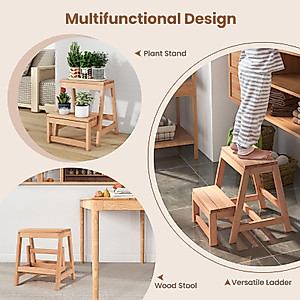 Giantex Folding Step Stool, Wooden 2-Step Stool for Kids & Adults, Holds up to 550Lbs, Portable Plant Stand, Multipurpose Storage Shelf, Stepping Stool for Kitchen Living Room (15.5" Wx20 Dx17.5 H)