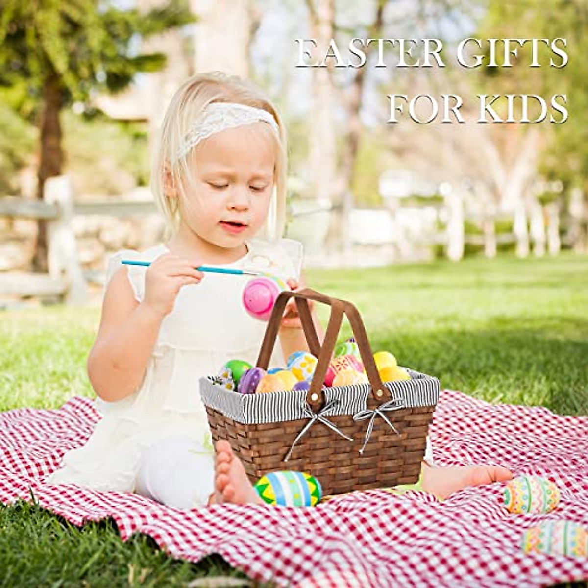 Woodchip Picnic Basket with Double Folding Handles, Natural Hand Woven Basket, Eggs Candy Basket for Easter, Kids Toy Storage Basket, Wedding Flower Girl Baskets for Valentine Day, Birthday, Grey