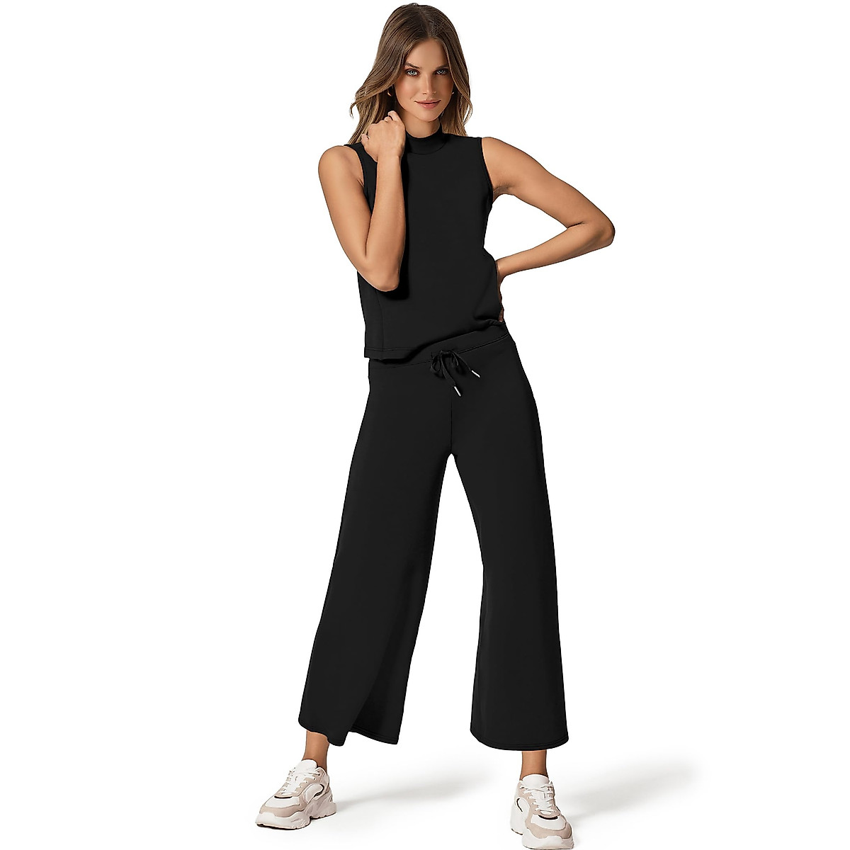 SAMPEEL Two Piece Set for Women Casual Lounge Sets Summer Outfits Matching Sets Women Clothing Business Casual Vacation Travel Outfits Wide Leg Crop Pants Mock Neck Tops Set Black 2025 M