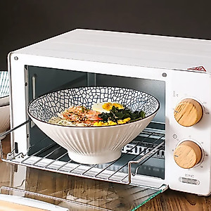 QINLANG 38 oz Japanese Ramen Bowls, Cereal Bowls, Soup Bowls, Pho Bowls, Noodle Bowls, 8 in Blue and White Ceramic Bowls Set of 4, Leaf Pattern