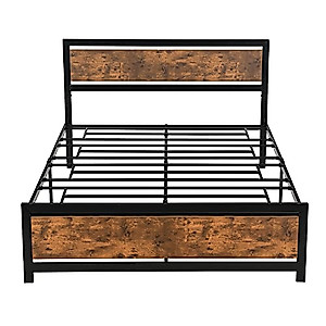 FIQHOME Metal and Wood Bed Frame with Rustic Vintage Headboard and Footboard,Queen Size Platform Bed,No Box Spring Needed, Easy to Assemble(Black)