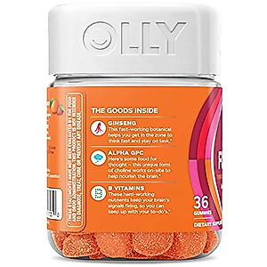 Olly Laser Focus Gummy 18 Day Supply Gummies Ginseng Alpha GPC B Vitamins Chewable Supplement, Berry Tangy Tangerine, 36 Count