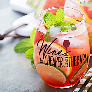 Toasted Tales Wine Is Cheaper Than Therapy Drinking Glasses | 15 oz Stemless Bachelorette Wine Glasses | Cute Wine Glass Tumbler | Glassware For Novelty Gifts | Girls Weekend Gifts For Women