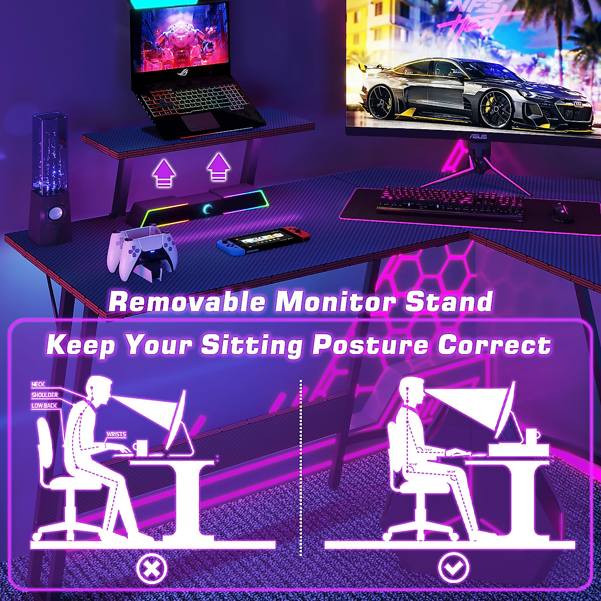 GUNJI 51” Gaming Desk L-Shaped Computer Corner Desk Modern PC Game Table with Monitor Stand for Home Office Sturdy Writing Workstation (Black)