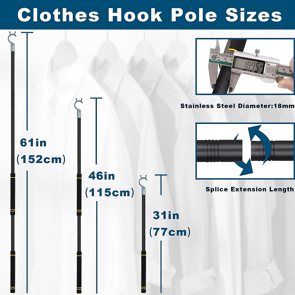 Greeily High Reach Garment Hook, 31" to 61" Clothing Hook Pole for Hanging Clothes Closet Bird Feeder Flowerpot Plants and Christmas Light Adjustment Sturdy with Sponge Handle (Dark Green Head)