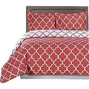 8 Pieces Meridian Coral with White Full Size Bed in a Bag Set Include: 3pc Duvet Cover Set + 4pc Sheet Set+ 1pc Down Alternative Comforter
