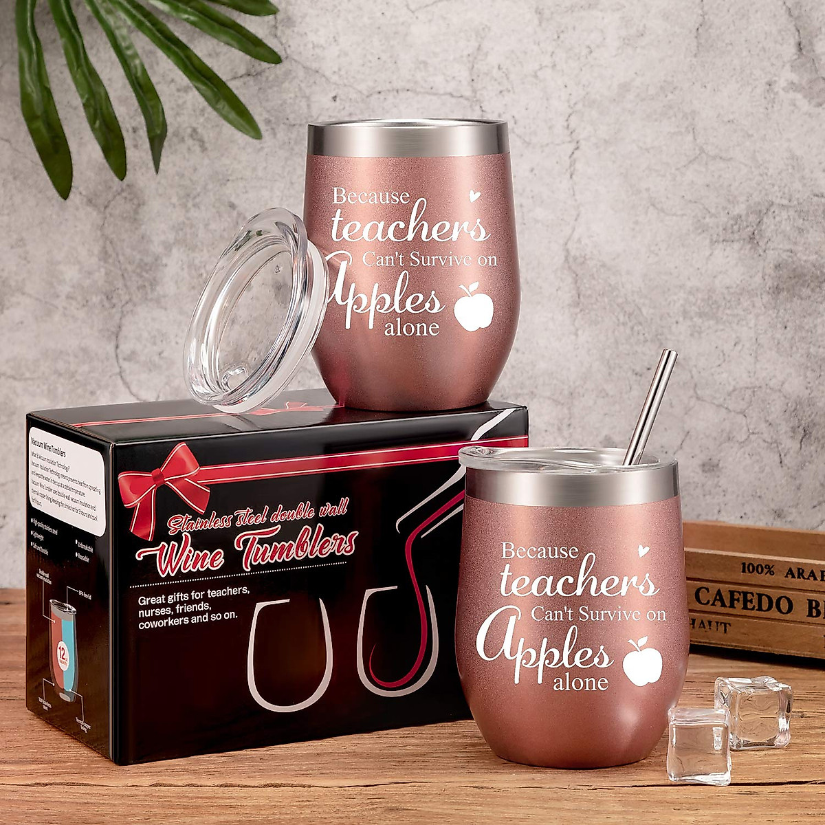 2 Pieces Teacher Can't Survive on Apples Alone, Thank You Teacher Appreciation Gift for Women Funny Birthday Christmas Thanksgiving Teacher Gifts 12 oz Wine Tumbler with Straw and Cleaning Brush