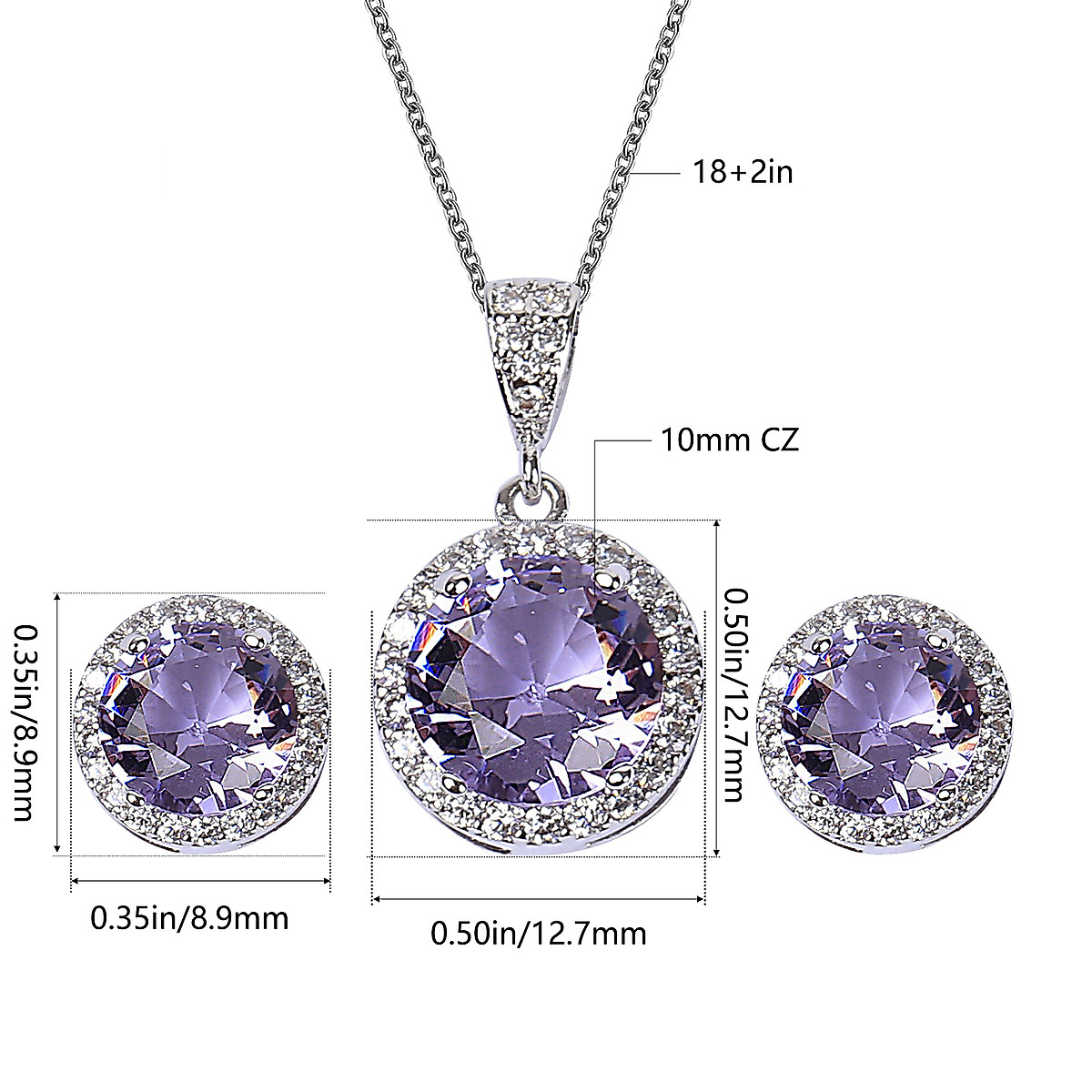 AMYJANE Amethyst Jewelry Set for Bridesmaids - Sterling Silver Round Purple Cubic Zirconia Crystal Bridal Pendant Necklace Earrings Set for Wedding Bride Bridesmaids
