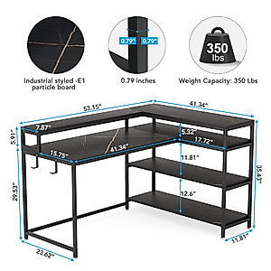 Tribesigns 53 Inch Reversible L Shaped Desk with Storage Shelf, Modern Black Marble Corner Desk with Shelves and Monitor Stand, Gaming Desk for Home Office （53" D x 41" W）