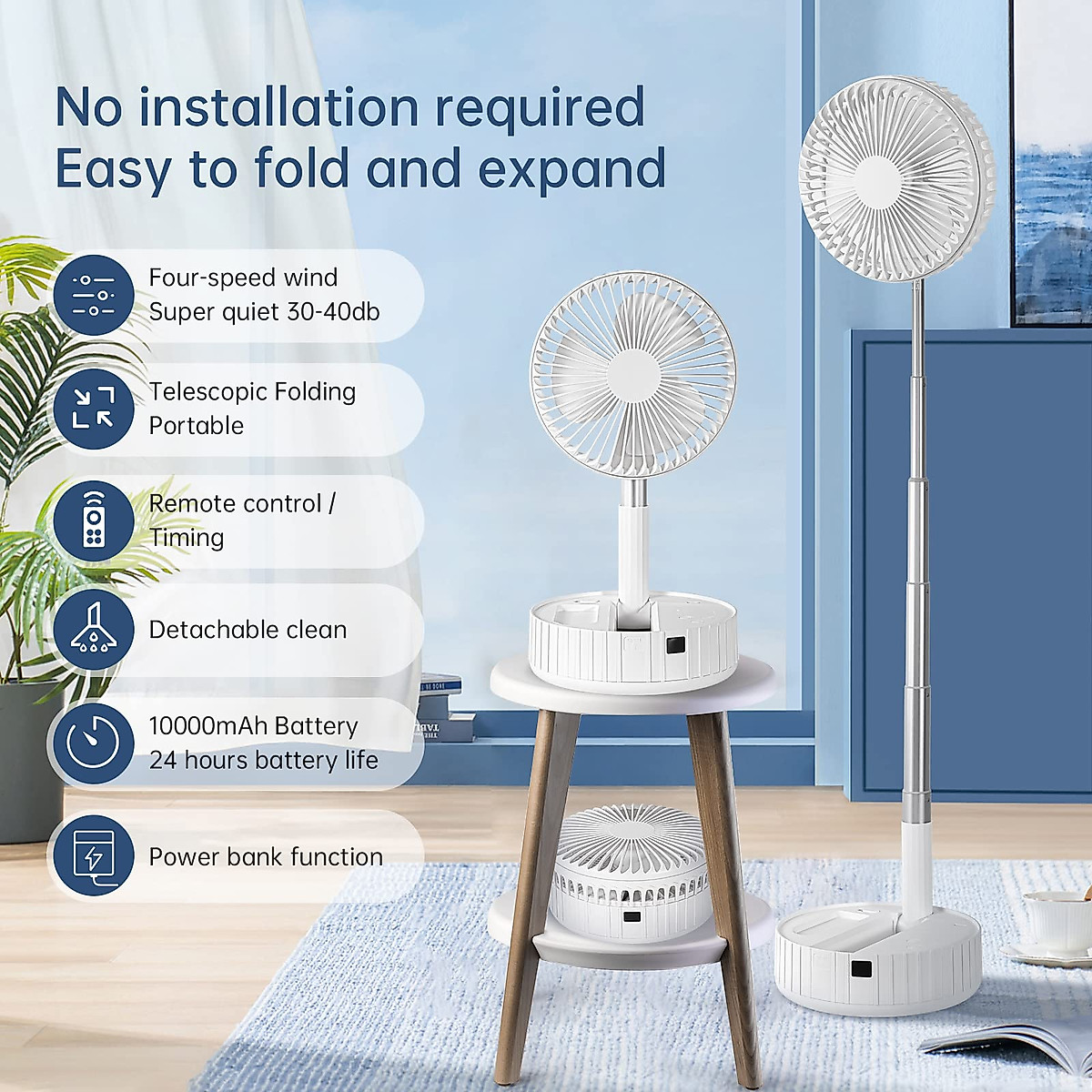 AIDENOEY Portable Telescopic Foldable Desk Fan,10000mAh Foldable Pedestal Floor Fan with 4 speed remote control electric collapsible Standing fan,usb charging,for office home outdoor camping
