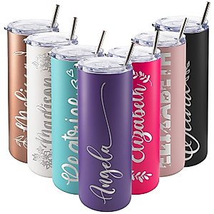 Personalized Skinny Tumblers with Lid, Gifts for Her 20 oz Purple, 12 Designs | Custom Engraved Tumbler w Name - Personalized Cups - Gifts for Women, Double-Walled Stainless Steel