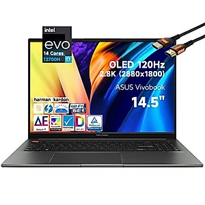 Asus 2022 Latest Vivobook S 14X 14.5 OLED 2.8K 120Hz Laptop, 14 Cores Intel Evo 12th Gen i7-12700H, 100% DCI-P3 Pantone 600nits 16:10, Wi-Fi 6E, Backlit KB, Thunderbolt 4 (40GB RAM
