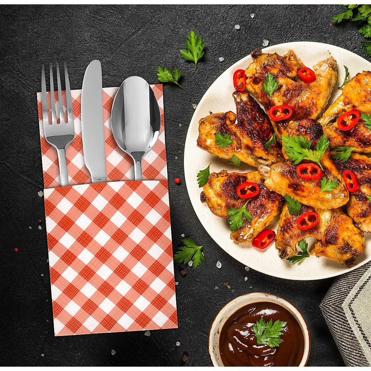 36 Picnic Barbecue Cutlery Holders Red and White Gingham Utensil Silverware Paper Pouch Pockets for Checkered Summer BBQ Table Place Settings Tableware Party Supplies Decorations for Knife Fork Spoon