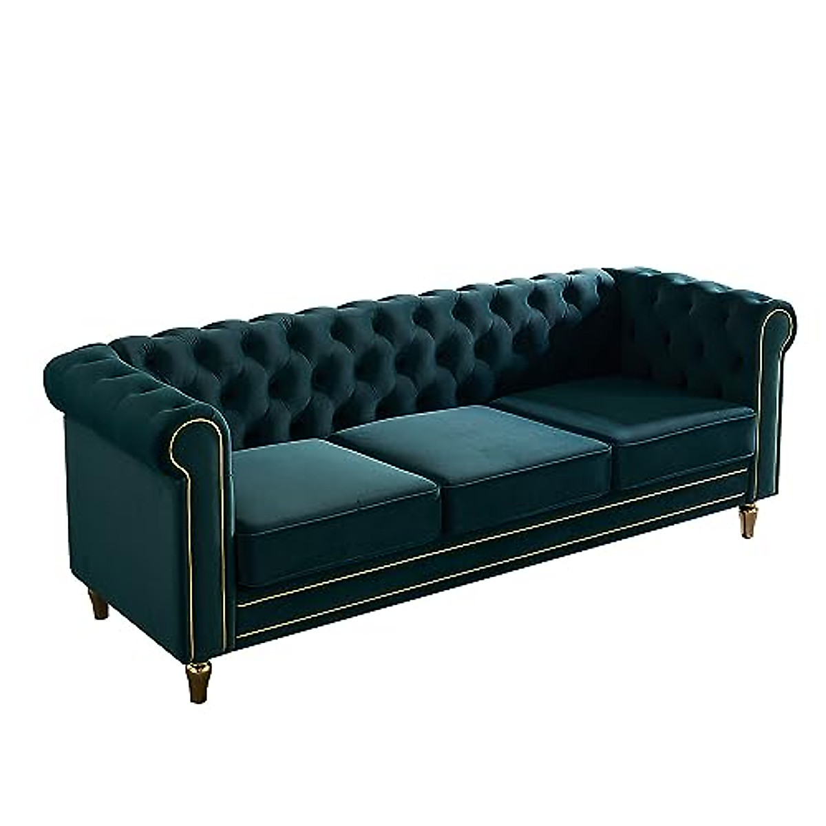 EMKK Large Chesterfield Sofa 3 Seater Modern Velvet Couch Upholstered Sofá with Tufted Back for Living Room Furniture,Nailhead Trim Round Armset, F-Green