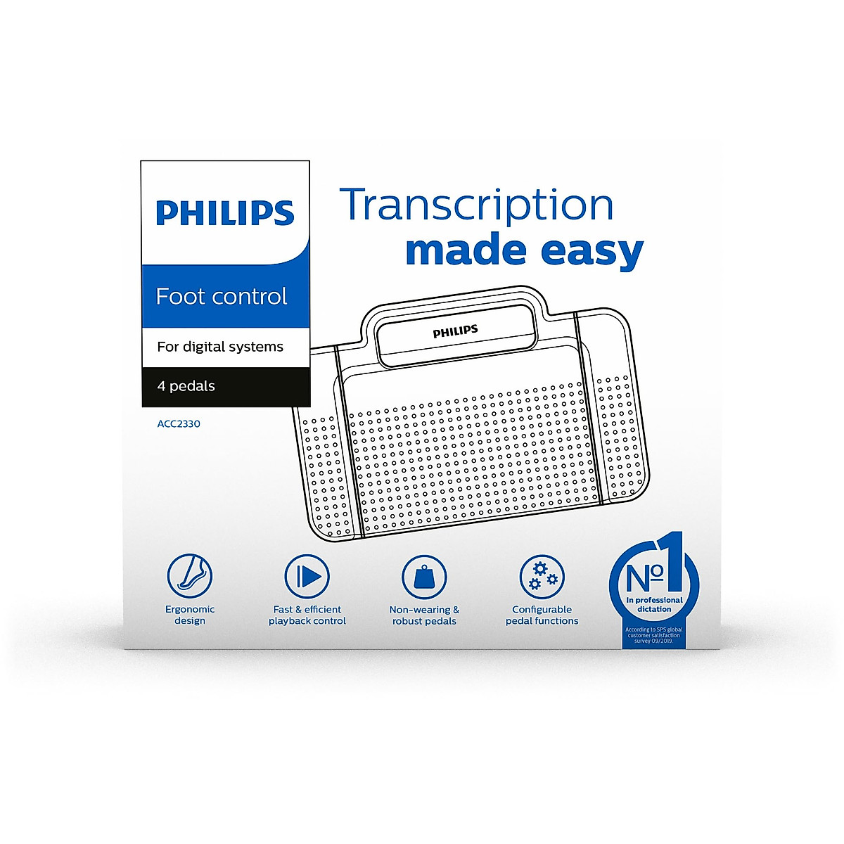 Philips ACC2330 4-Pedal Foot Control for Digital Systems for Professional Dictation with Toe Touch Control