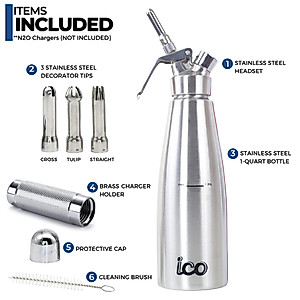 ICO 1 Liter (1 Quart) Professional Stainless Steel Whipped Cream Dispenser for Homemade Whipping Cream, Whipped Cream Maker for Desserts, Dips, Sauces, and Infused Liquors