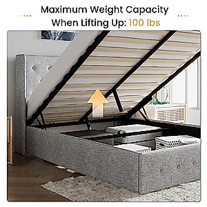 SHA CERLIN Full Size Lift Up Storage Bed/Button Tufted Wingback Headboard/Hydraulic Storage/Upholstered Platform Bed Frame/No Box Spring Needed/Wood Slats Support/Light Grey