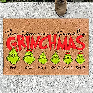 LEVENTS Personalised Name Doormat, Grinch Doormat, Home Decor, Welcome mat, The Custom Family Grinchmas Doormat, Housewarming, Front Door mat, Welcome Doormat