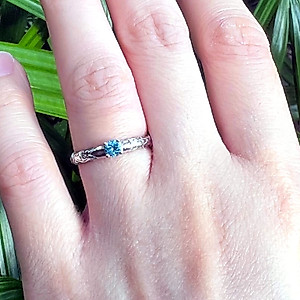 Aloha Jewelry Company Sterling Silver Hawaiian Blue Topaz Princess Plumeria Flower Scroll Ring Stackable Wedding Band, Sizes 5-10 (9)