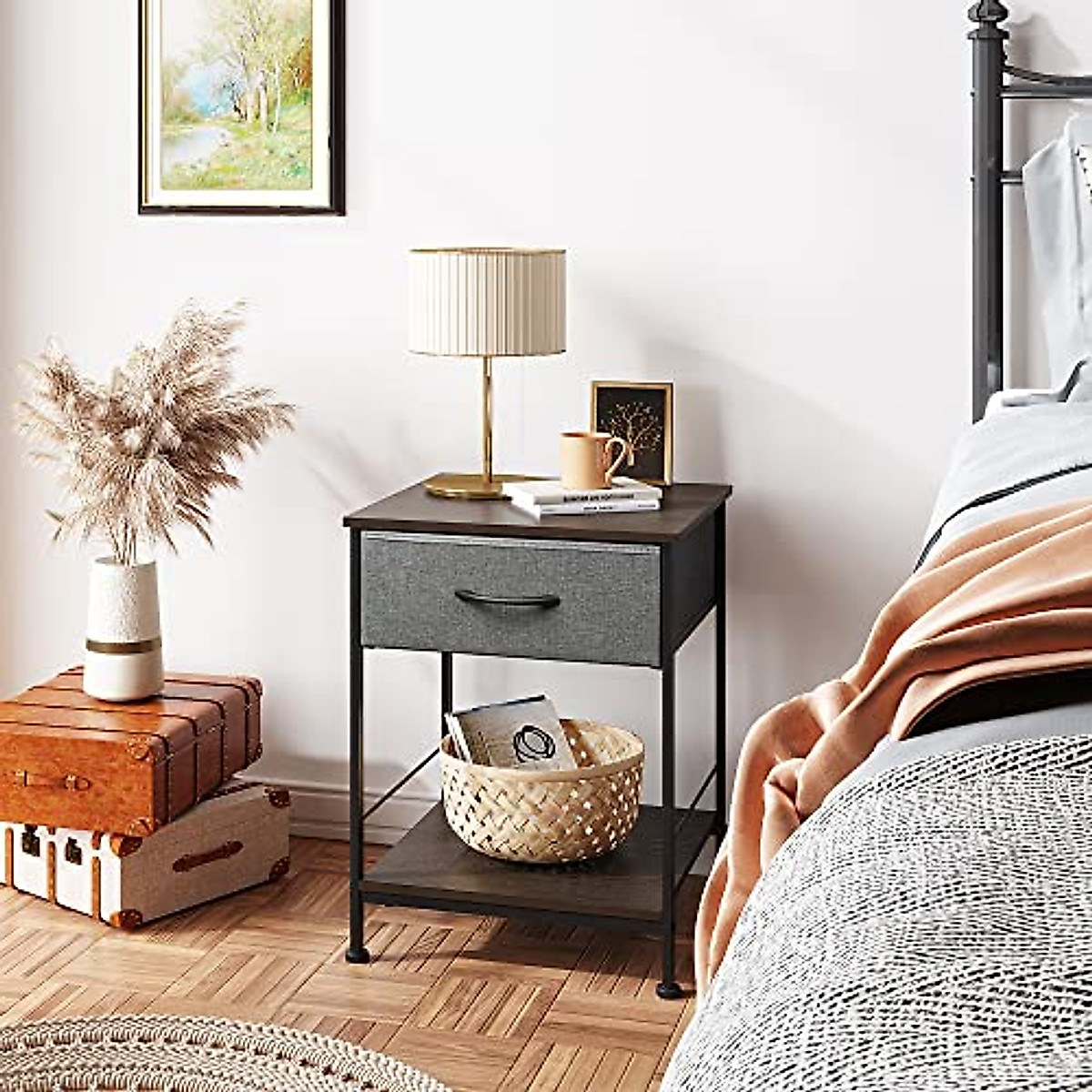 WLIVE 1-Drawer Nightstand and 5-Drawer Dresser Set, Fabric Dresser, Storage Organizer Unit with Fabric Bins for Closet, Living Room, Hallway, Nursery, Steel Frame, Wood Top, Dark Grey