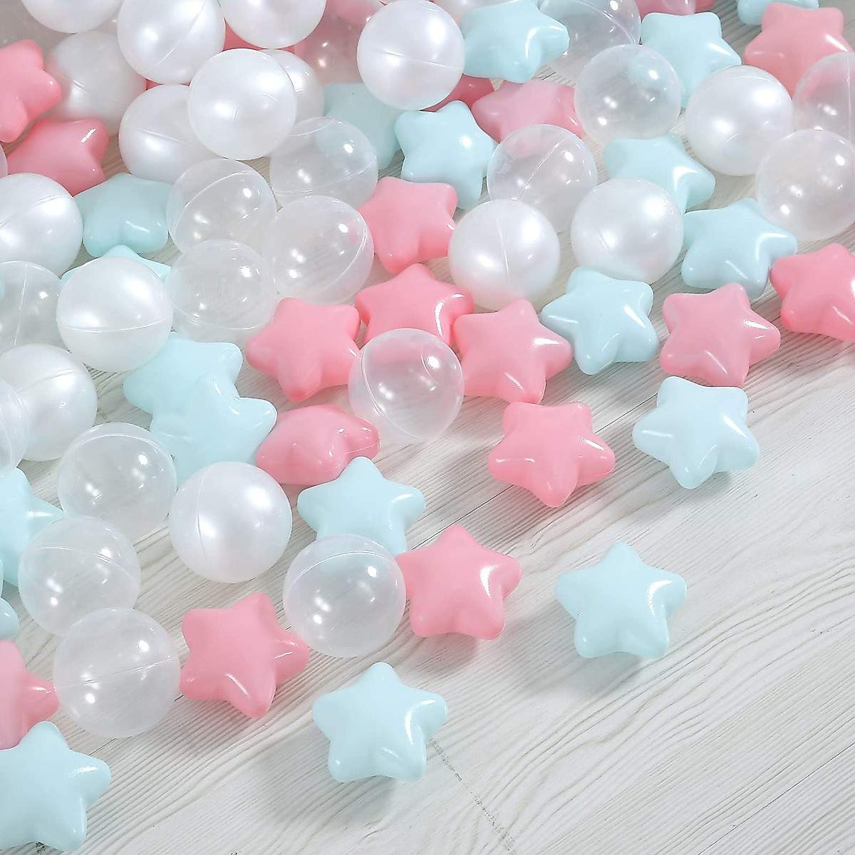 Heopeis Star Pit Balls for Ball Pit - Pack of 100 -Pastel and Pearl Star Balls BPA Free Phthalate Free Crush Proof Balls for Toddlers Baby Kids Party(50Balls+50Stars).