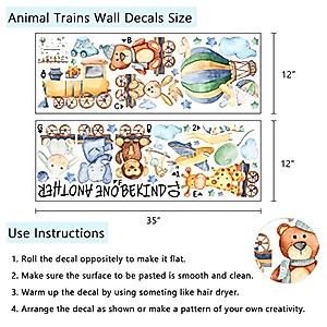 Yovkky Baby Train Animals Elephant Giraffe Monkey Wall Decals, Peel Stick Hot Air Balloon Aircraft Rabbit Bear Stickers Nursery Decor, Home Kids Room Decoration Boy Girl Bedroom Playroom Art Gifts