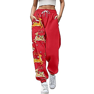 Sweatpants Womens,High Waisted Sweatpants for Women Christmas Print Drawstring Workout Active Joggers Ugly Print Plus Size Running Sweatpants Elk Print Beige XL