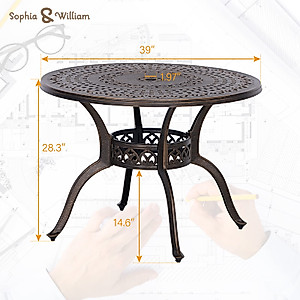 Sophia & William Cast Aluminium Patio Dining Table Round with 1.97" Umbrella Hole, Premium Bronze Outdoor Bar Bistro Table for Porch Balcony Backyard, 39" Dia x 28.3" H