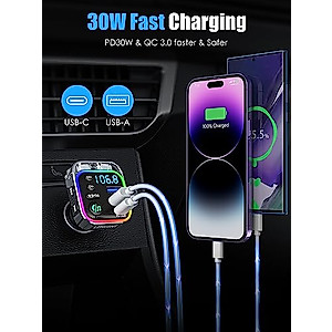 LENCENT Bluetooth 5.3 FM Transmitter,PD 30W & QC3.0 Fast Charger Bluetooth car Adapter,Hi-Fi Music/Clear Calling car FM Bluetooth Adapter