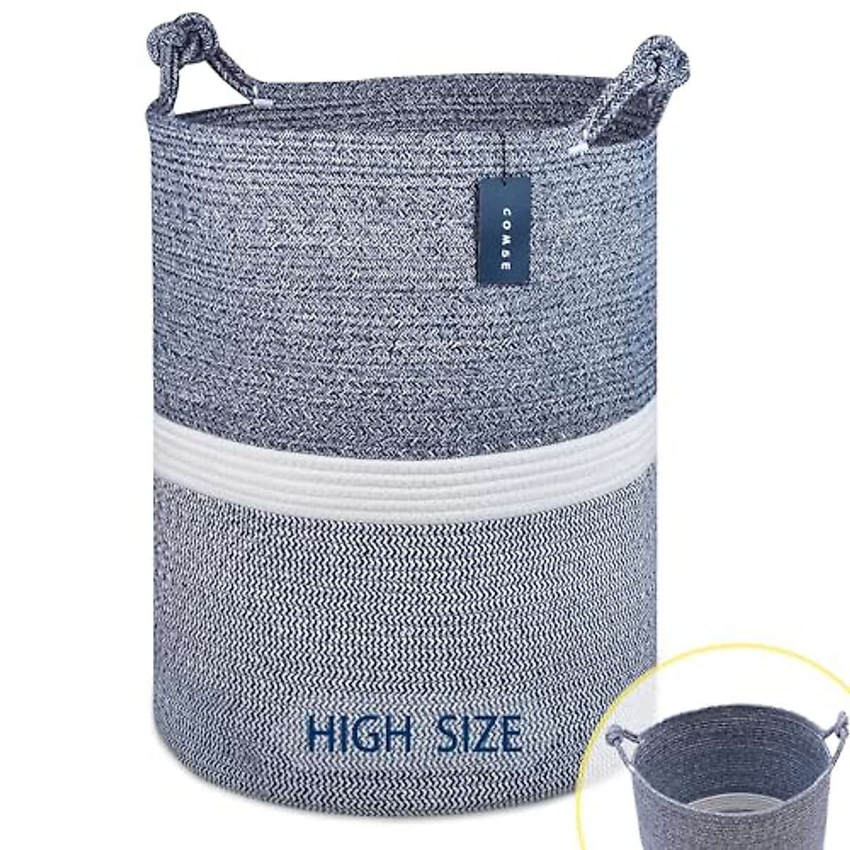 COMSE Extra Large Blanket Basket, Tall Laundry Basket, Laundry Hamper, 15.7”x 21.7”, Storage Basket, Blanket Basket for Living room, Toy Basket, Woven Basket, Clothes Baskets,Blend Navy Blue/White