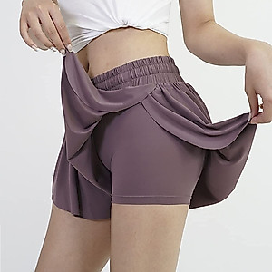 2 in 1 Flowy Womens Biker Shorts Gym Yoga Athletic Workout Running Spandex Comfy Lounge Sweat Skirt Summer (L, Purple)