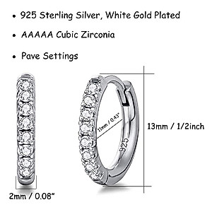 FANCIME 14K White Gold Plated Sterling Silver Hoops Round Cut Clear CZ Cubic Zirconia Hinged Cartilage Dainty Huggie Tiny Small Hoop Earrings for Women, 13mm