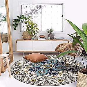 Blue Vintage Bohemian Round Area Rug 4 Feet for Girls Bedroom Decor Distressed Boho Circle Floor Mats Washable Living Room Carpets