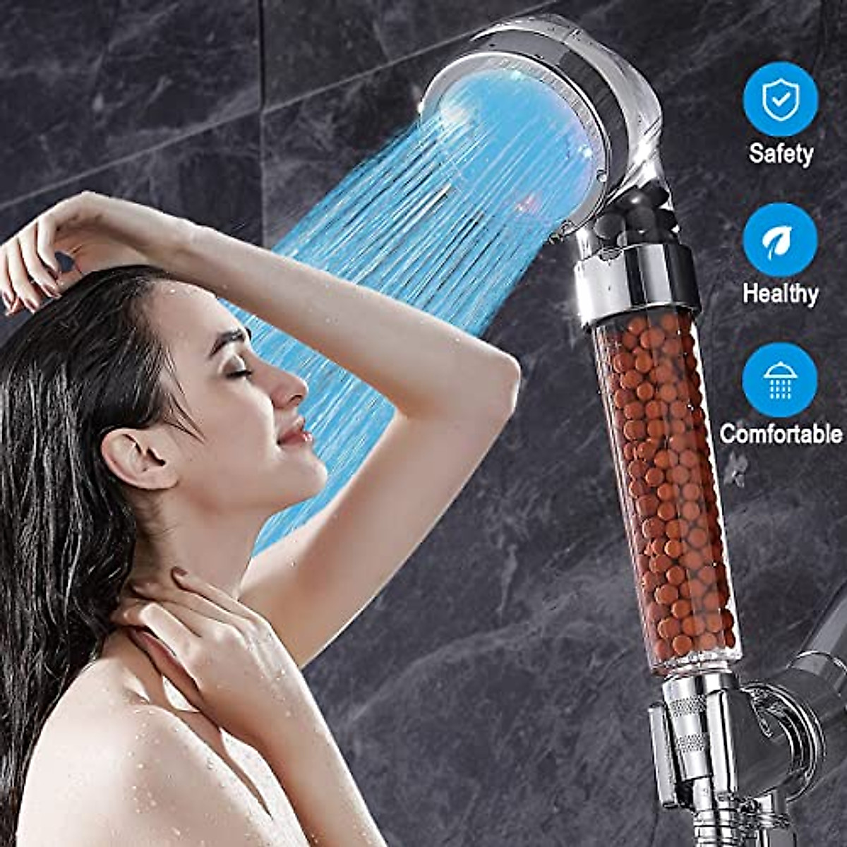 Vacto LED Handheld Shower Head Set with Filtration, Automatic 7-color Changing Shower Head Kit, High Pressure Handheld Shower Head with Hose and Bracket, Water Saving Showerheads with Filtration Beads