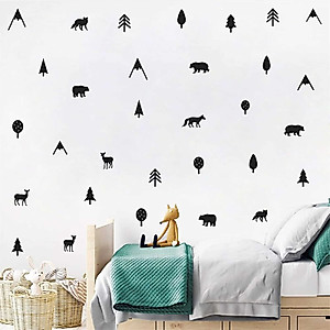IKEYU Woodland Animals Wall Stickers Mountain Tree Wall Decals Black Vinyl Jungle Stickers Forest Animals Wall Decals for Kids Room Nursery Bedroom Decor