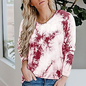 Women's Fashion Casual Tie-Dye Crewneck Knot Long Sleeve Loose Pullover Tops Red