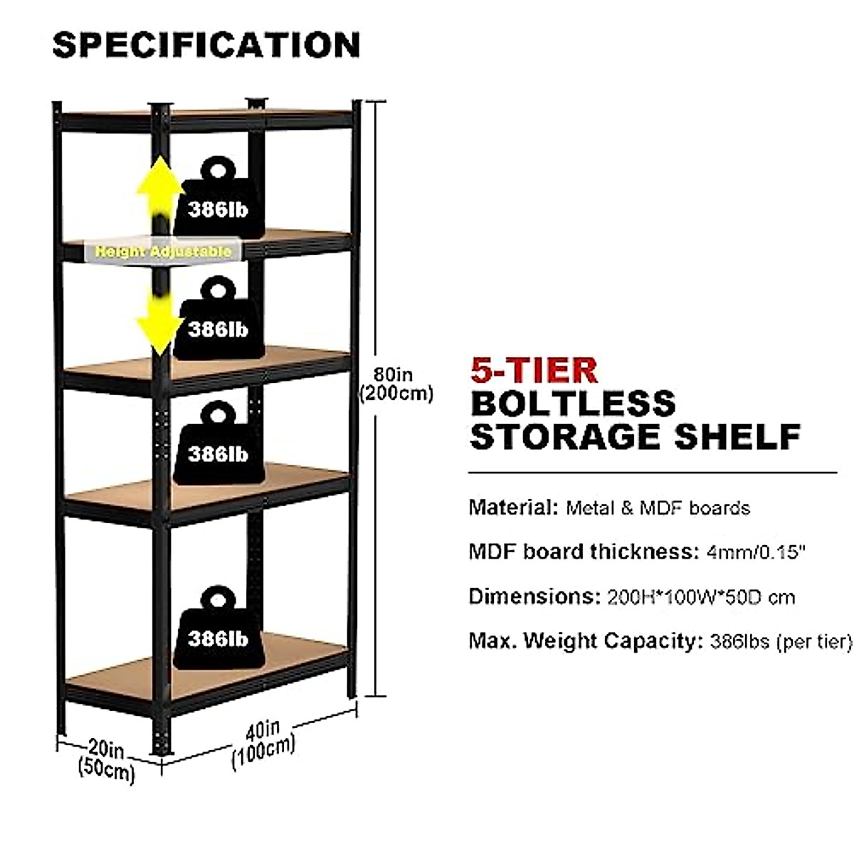 Storage Shelves 5-Tier Adjustable Storage Garage Shelving, Heavy Duty Metal Storage Utility Rack Shelf Unit 1929lbs Load Capacity for Warehouse Pantry Closet Kitchen, 80H x 40W x 20D inch, Black