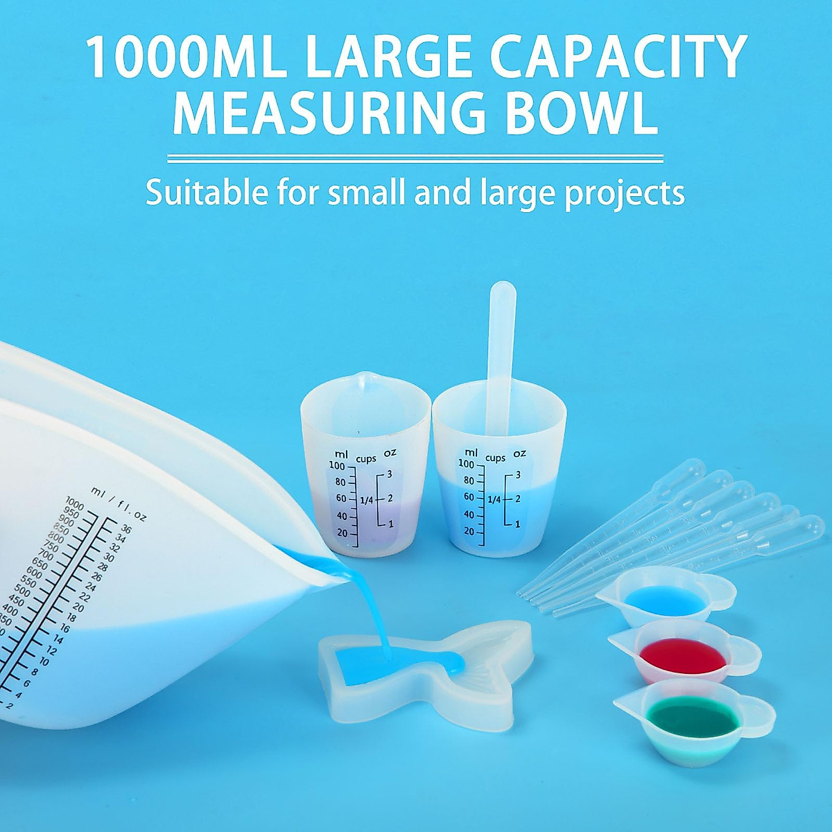 Creahaus 1000ML Large Silicone Measuring Cups for Resin, Easy to Read 36oz Silicone Mixing Bowl with 100ML Silicone Resin Mixing Cup, Easy Clean Reusable Epoxy Resin Supplies with Stir Stick, Pipettes