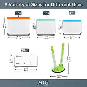MHSEcoFriendly Meal Prep Storage Kit - 15 Reusable Freezer Bags, Baggy Rack, & 20 Strong Freezer Labels | BPA-Free, Leakproof, & Multipurpose Food Storage