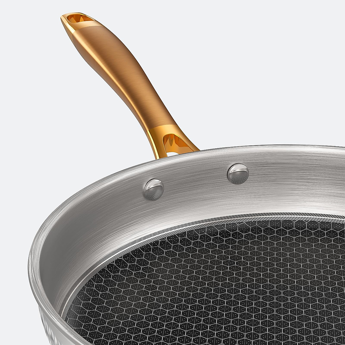 Homaz life 10-Inch Frying Pan, Tri-Ply Stainless Steel Cookware, Induction Ready, Compatible with All Cooktops, Dishwasher Safe, Non-Toxic, Gold-Colored Stay-Cool Handle