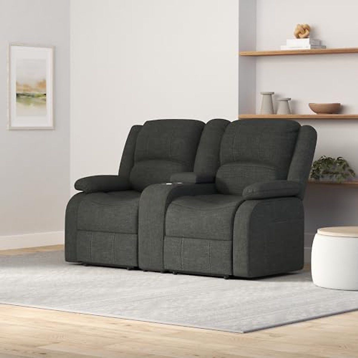 RecPro Charles 67" Double Recliner RV Sofa with Console and Cupholders | Zero Wall Loveseat for Camper | Wall Hugger Couch | Fifth Wheel Theater Seating | Replacement RV Furniture | Fossil Cloth