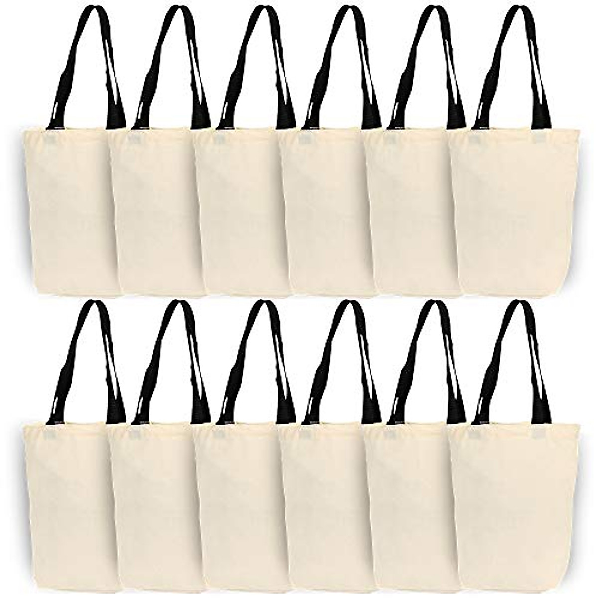 Natural Canvas Tote Bags 6 oz with Bottom Gusset for Crafts, Shopping, Groceries, Books, 13x11x3.2 Inches (Black - 12 Pack)